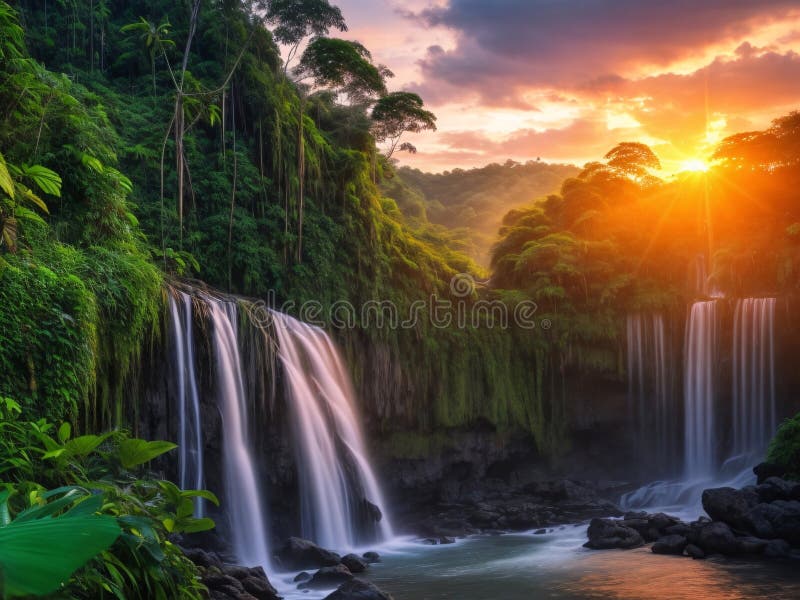 Jungle Waterfall Sunset