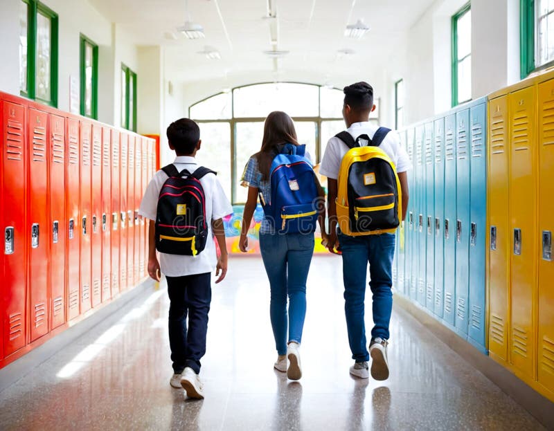 Junior High School Students Walking and Talking from Behind with ...