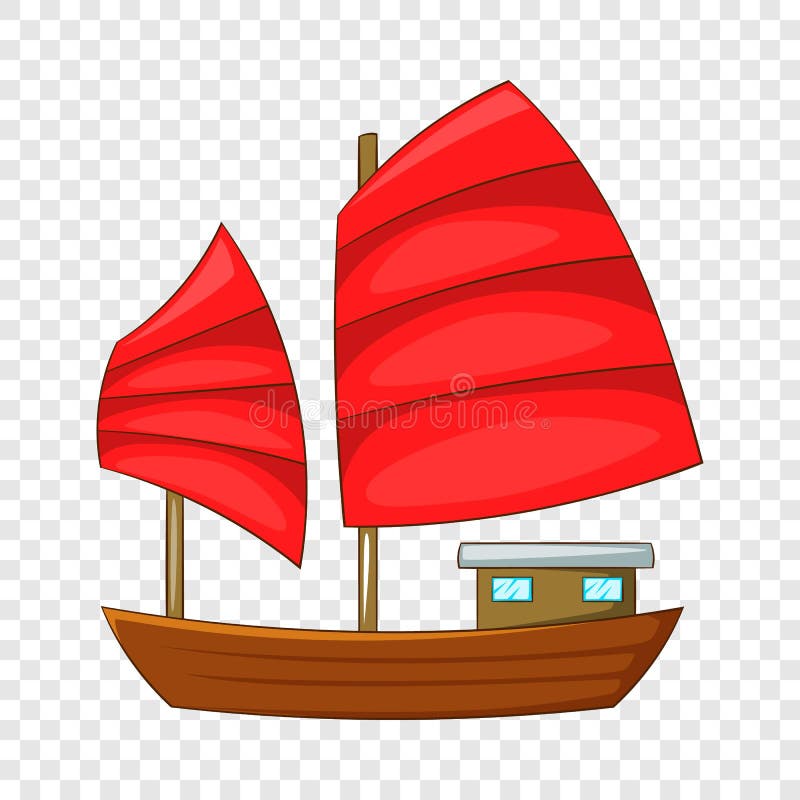 Junk Boat with Red Sails Icon, Cartoon Style Stock Vector ...