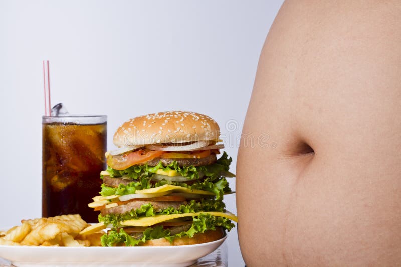 Junk Food and Big Fat Stomach Stock Photo - Image of figure, burger ...
