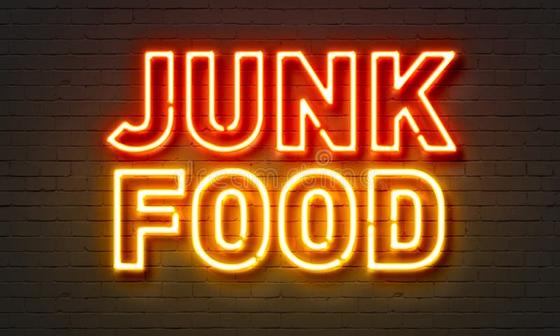 Junk Food Neon Sign on Brick Wall Background. Stock Image - Image of ...