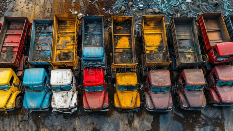 A Junkyard of Multi-colored Trucks. Top View of the Car Dump Stock ...