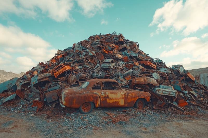 Junkyard with Pile of Scrap Metal and Rusty Abandoned Car Under Cloudy ...