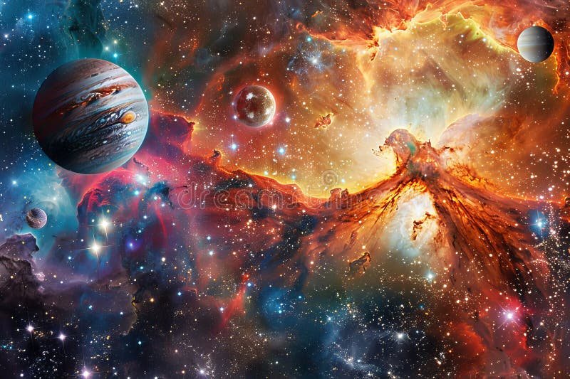 Jupiter and Distant Worlds in Colorful Nebula Clouds in Outer Space ...