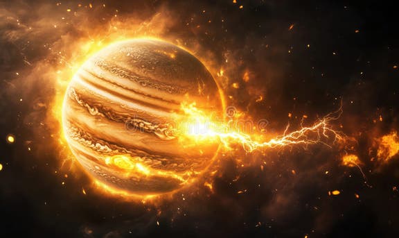 Jupiter Exploding with Lightning and Fiery Energy in Cosmic Space Scene ...
