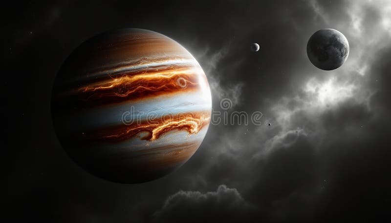 Jupiter and Its Moons in a Dramatic Cosmic Scene Stock Illustration ...