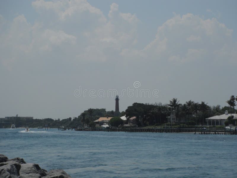 Jupiter Lighthouse at Sunny Summer Day and Palm Trees Around, West Palm ...