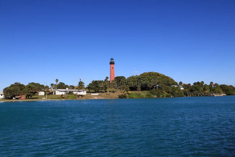 Jupiter Lighthouse at Sunny Summer Day and Palm Trees Around, West Palm ...