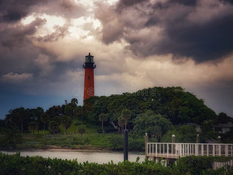 Jupiter Lighthouse at Sunny Summer Day and Palm Trees Around, West Palm ...