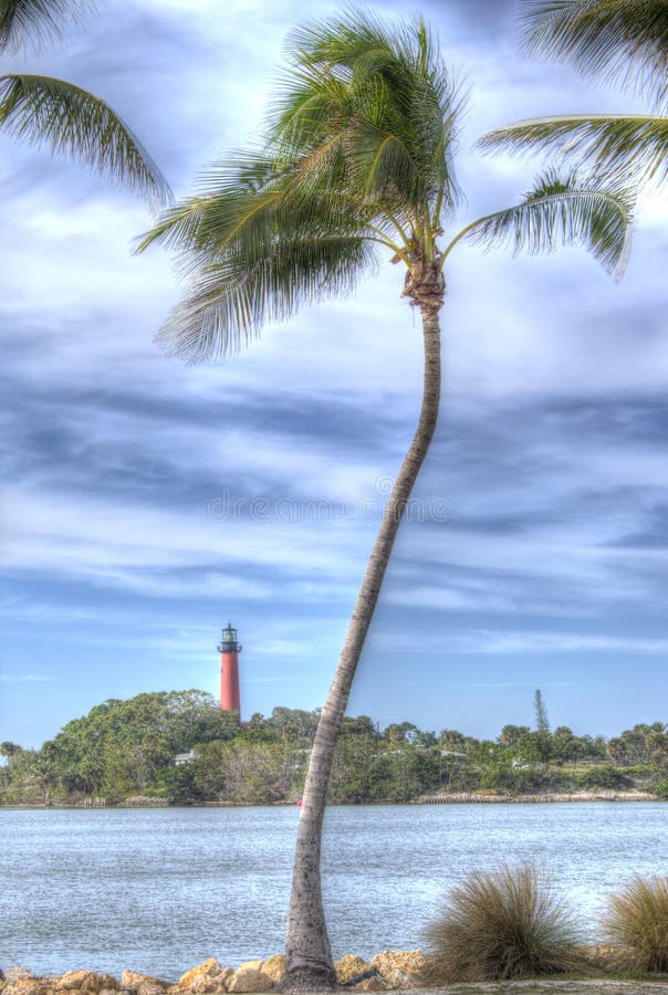 Jupiter Lighthouse at Sunny Summer Day and Palm Trees Around, West Palm ...