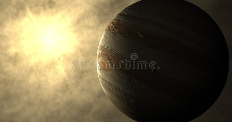 Jupiter Planet with Io Moon Orbiting and Sun and Solar Atmosphere at ...