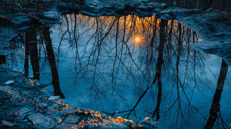 Reflection of Jupiter in a Pond at Dusk Surrounded by Trees Stock Photo ...