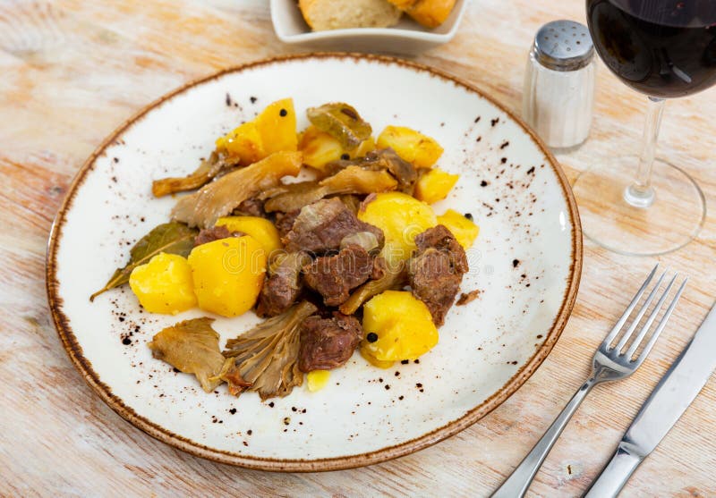 Just Cooked Braised Beef with Potato and Mushrooms Stock Image - Image ...