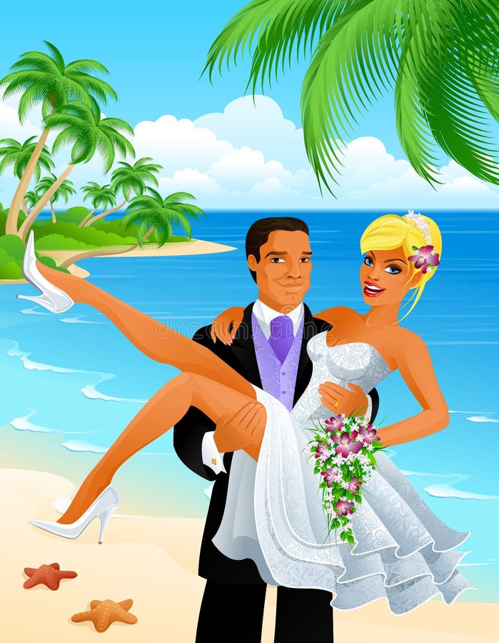 Just married on beach stock illustration. Illustration of happiness ...