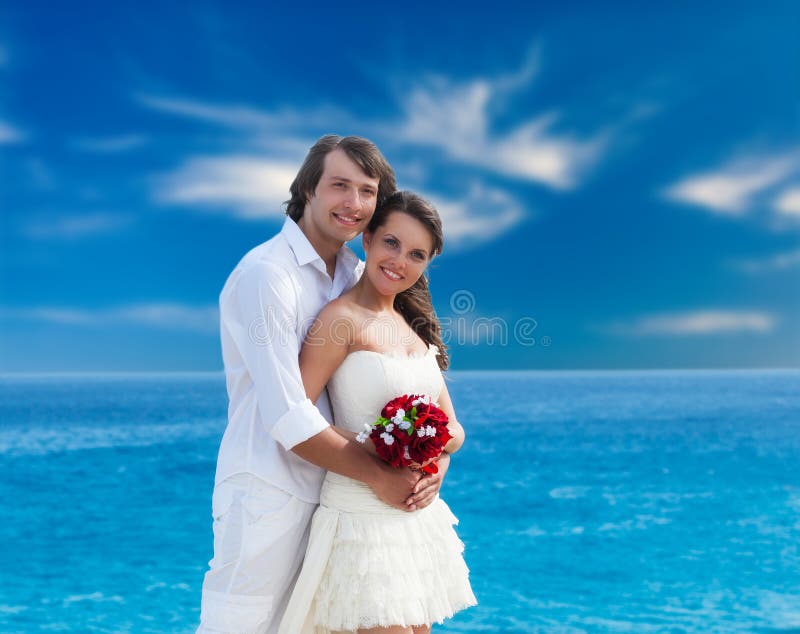 A Just Married Couple on the Beach Stock Image - Image of honeymoon ...