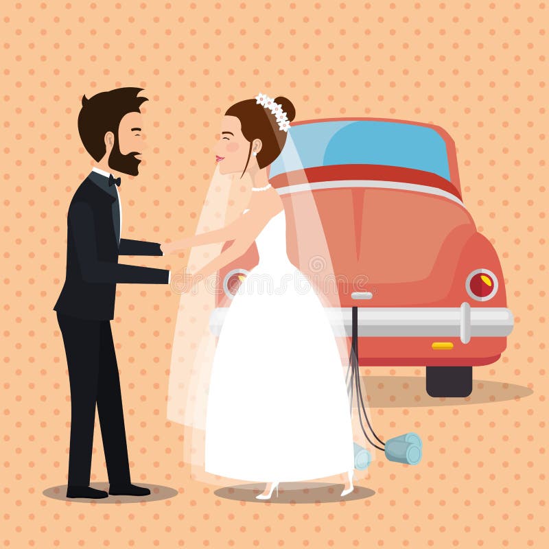 Just Married Couple With Car Avatars Characters Stock Vector
