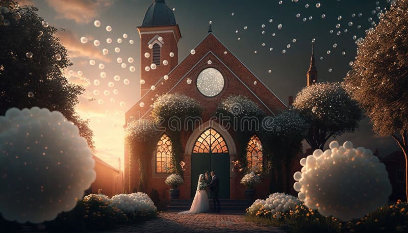 A Just Married Couple Standing in Front the Church Stock Illustration ...
