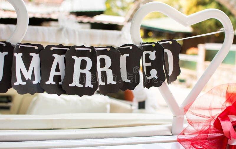 Just Married Note Hanging from the Car Seat Stock Photo - Image of ...