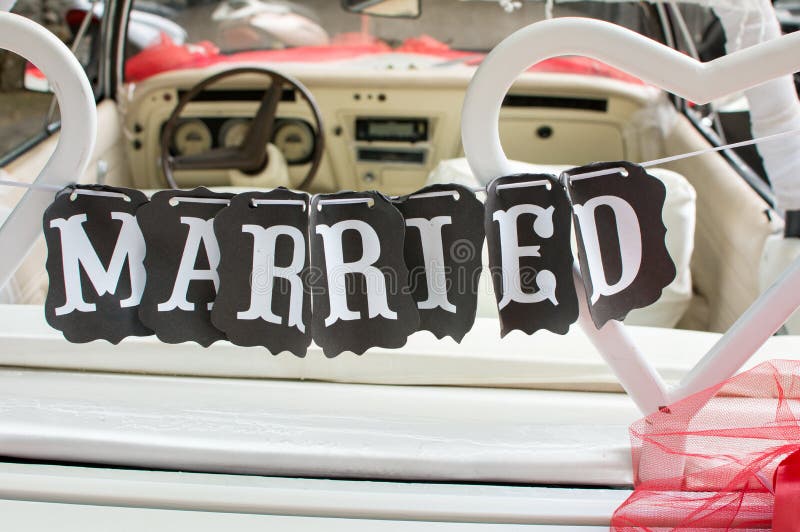 Just Married Note Hanging from the Car Seat Stock Photo - Image of ...