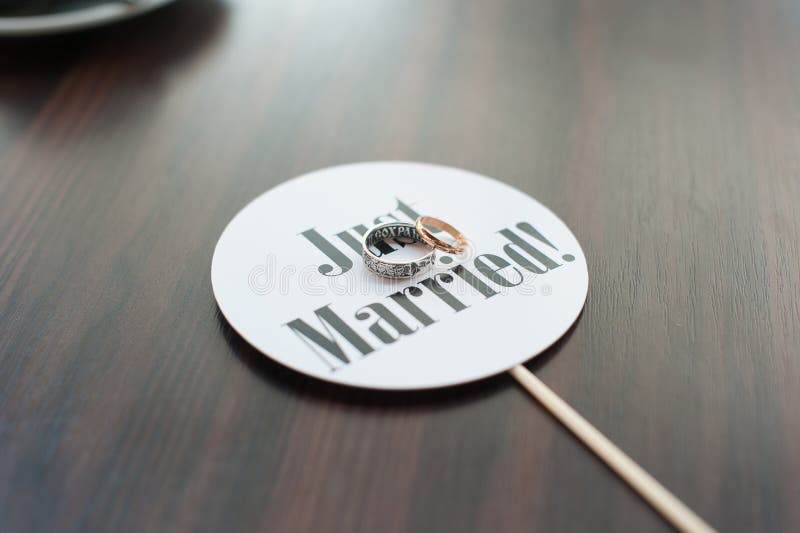 Just Married Sign with Wedding Rings Stock Photo - Image of engagement ...