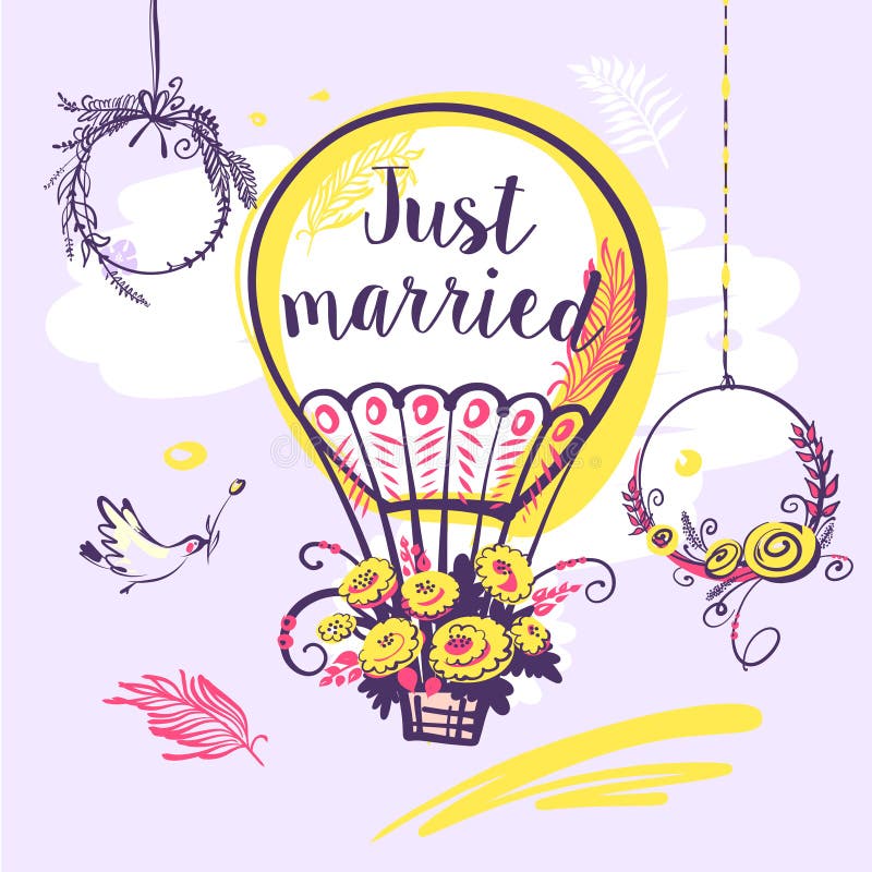 Just Married Text and Balloon with Bird. Illustration for Stock ...