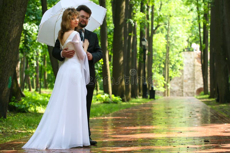 Just married under rain stock image. Image of bride, tree - 9854257