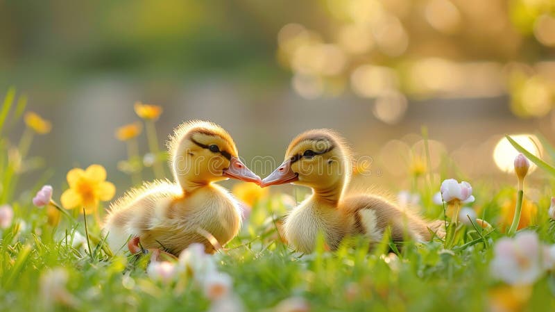 Just Two Cute Ducklings on the Grass . Generative Ai Stock Illustration ...