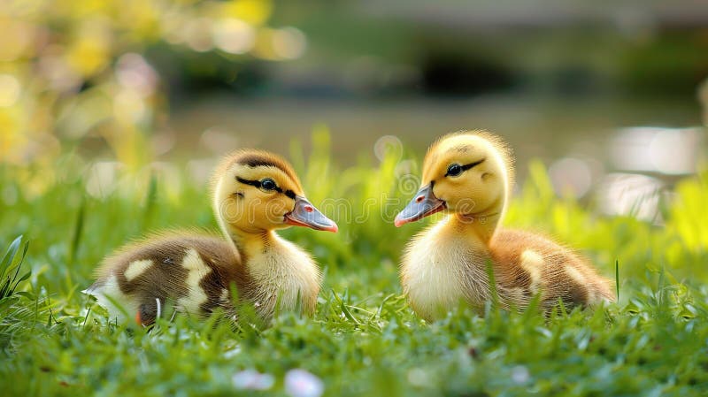 Just Two Cute Ducklings on the Grass . Generative Ai Stock Illustration ...