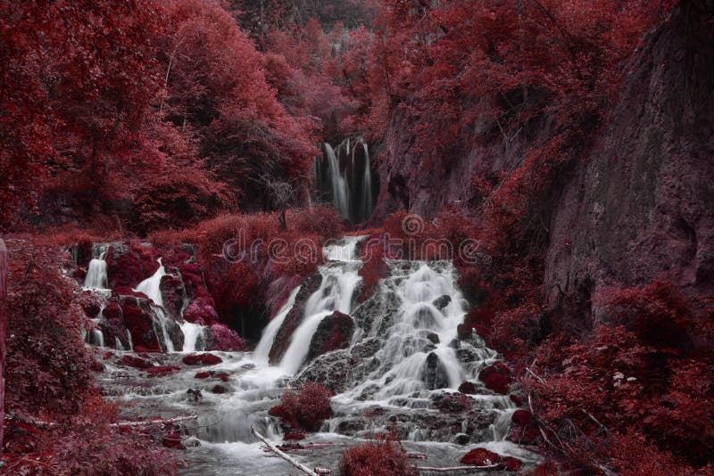Red Waterfall stock photo. Image of adventure, tree - 120439974