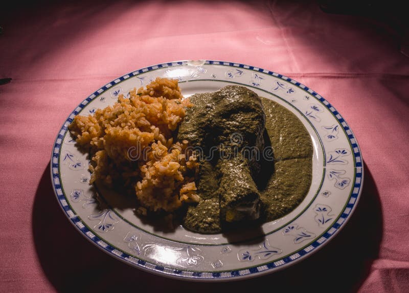 Just a Wonderful Mexican Plate, Green Mole with Red Rice on a Withe ...