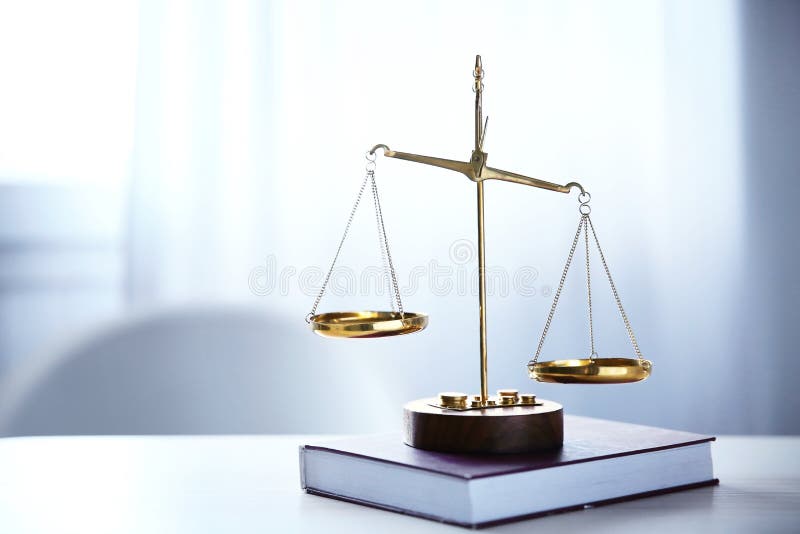 Justice Scales and Book on Table in Room Stock Image - Image of jury ...