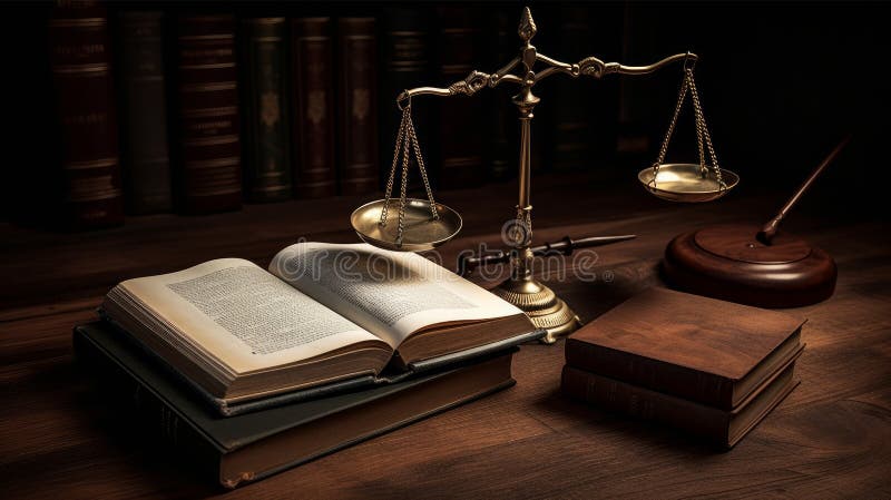Justice Scales and Books on Wooden Table. Generative AI Stock ...