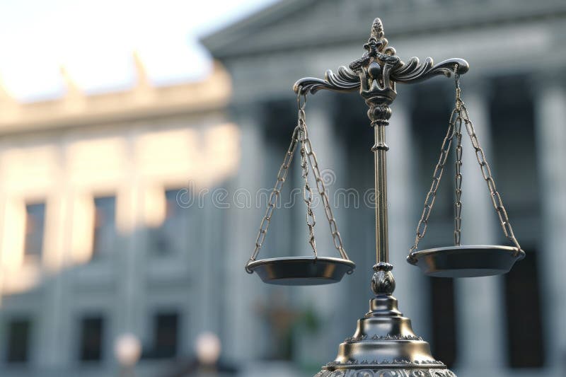 Justice Scales Stand in Front of a Courthouse Stock Photo - Image of ...
