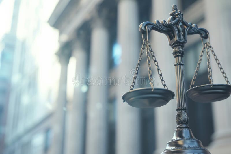 Justice Scales Stand in Front of a Courthouse Stock Photo - Image of ...