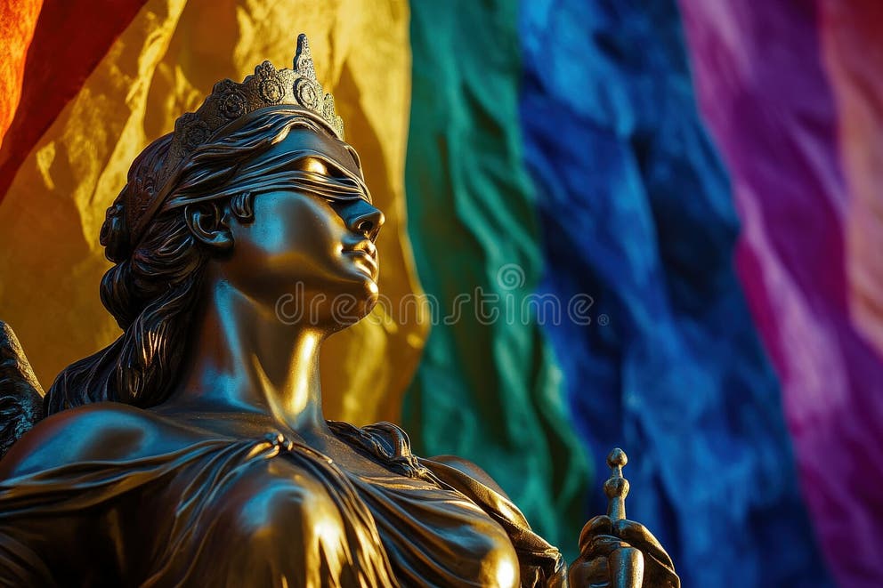 Justice Statue in Front of Rainbow Pride Flag Symbolizing Equality and ...