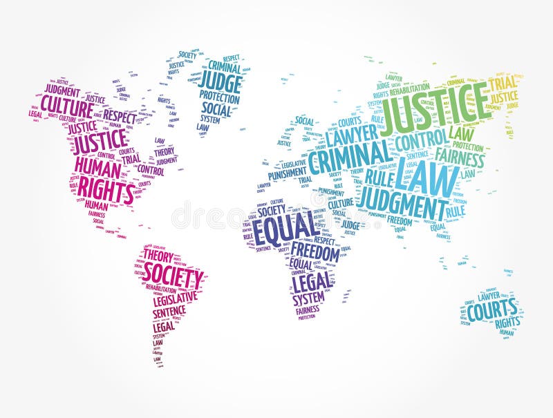 Justice Word Cloud in Shape of World Map, Law Concept Background Stock ...