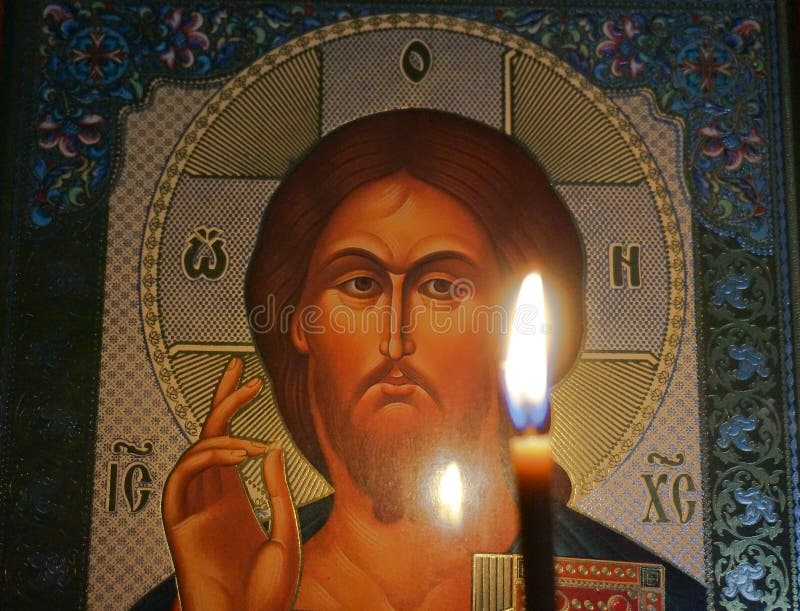 Jusus icon with candle stock image. Image of spirit - 107186221
