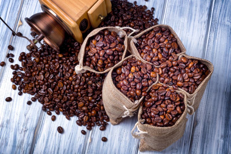 Jute Bags with Coffee Beans and Grinder Stock Image - Image of cafe ...