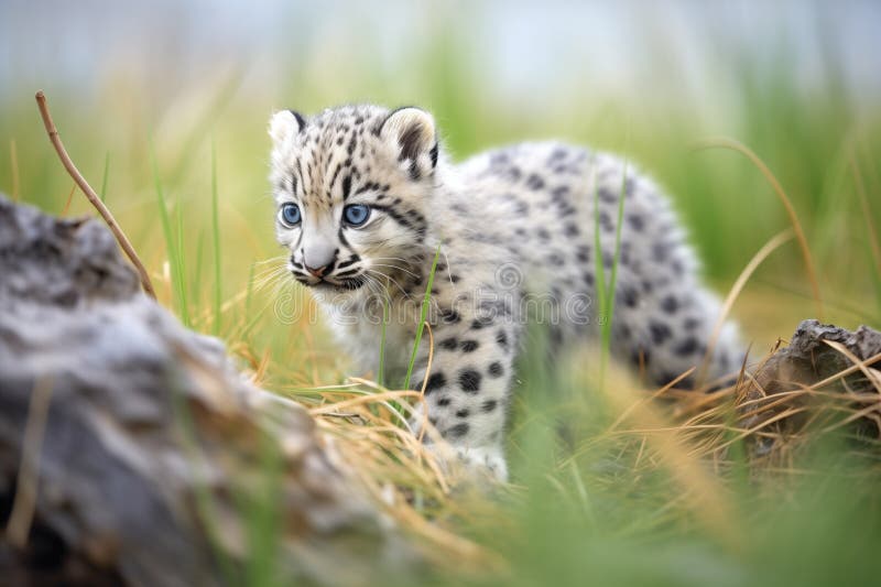 Juvenile Snow Leopard Exploring New Terrain Stock Illustration ...