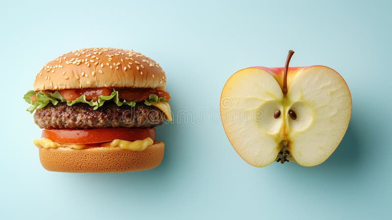 Juxtaposition of Hamburger and Half Apple on Blue Background Stock ...