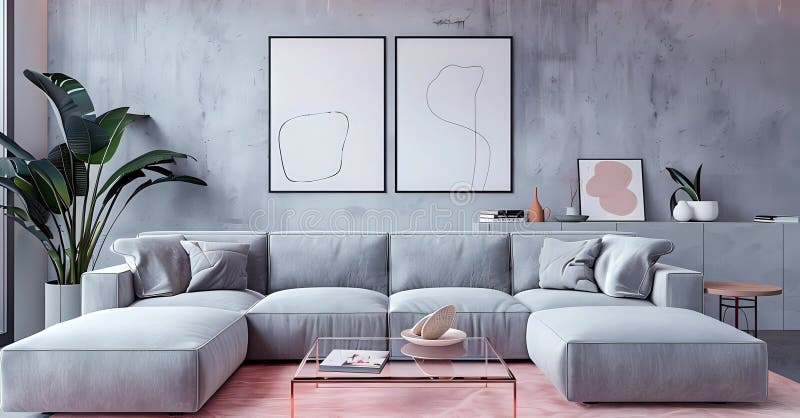 Juxtaposition of Pastel Pink and Grey: Open Concept Modern Living Room ...