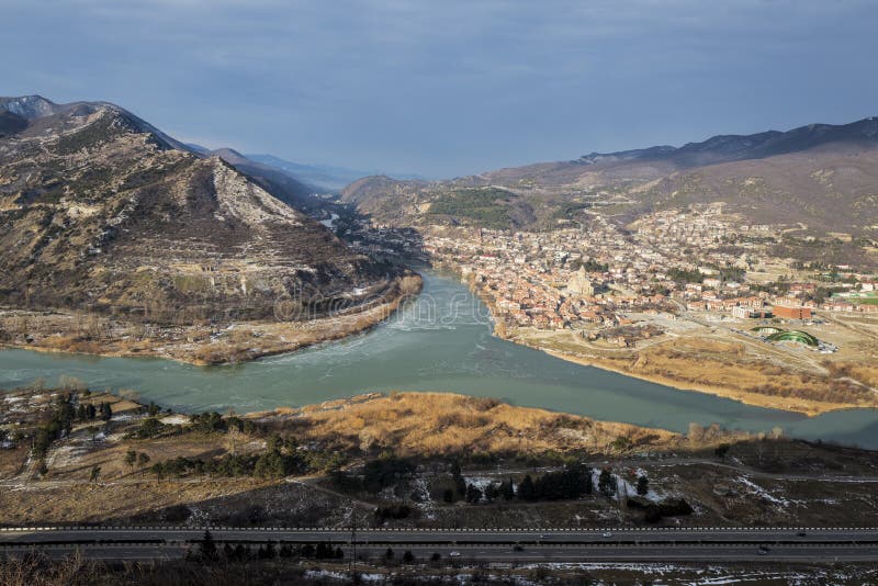 Jvari. Georgia. Panoramic View To the the Confluence of Rivers Stock ...