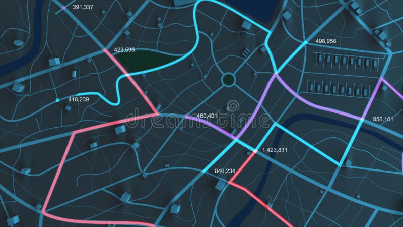 4K Animation Aerial View of Night Map with 3d Building and Destination ...