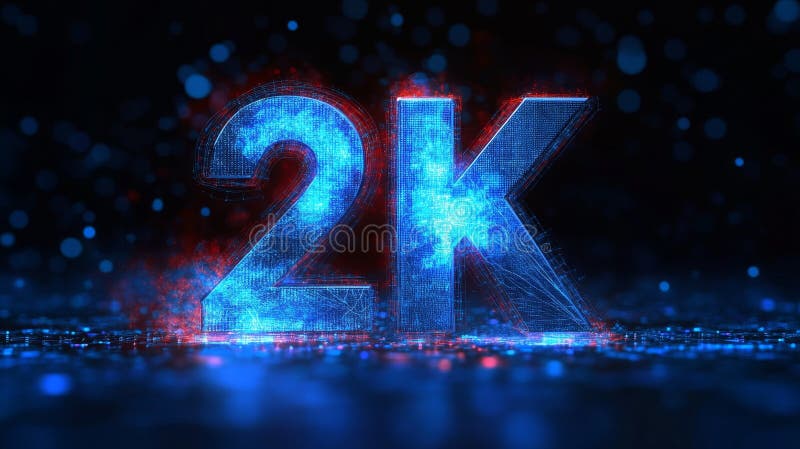 2K Celebration. Blue Glowing 3D Number Logo on Digital Background with ...