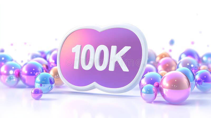 100K Celebration 3D Rendered Text with Colorful, Reflective Balls on a ...