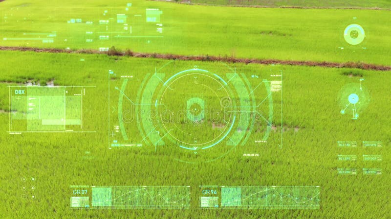 Drone Shot Flying Aerial View with User Interface Text Graph Bar and ...