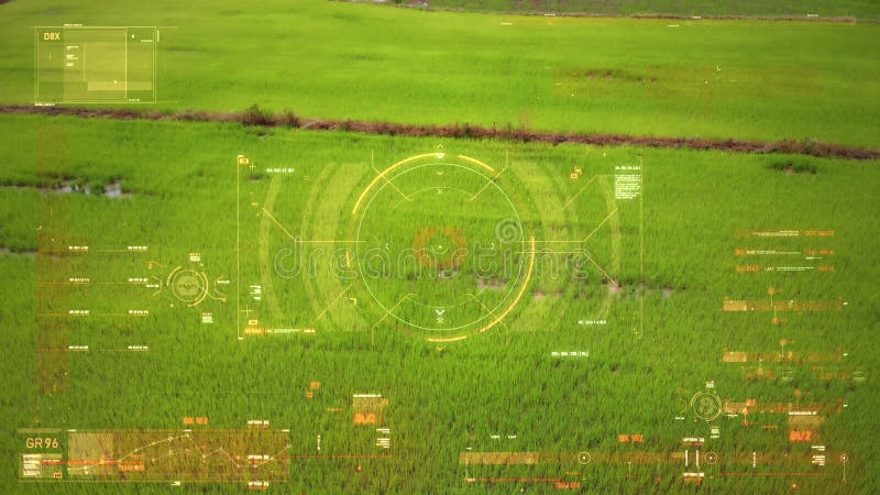 Drone Shot Flying Aerial View with User Interface Text Graph Bar and ...