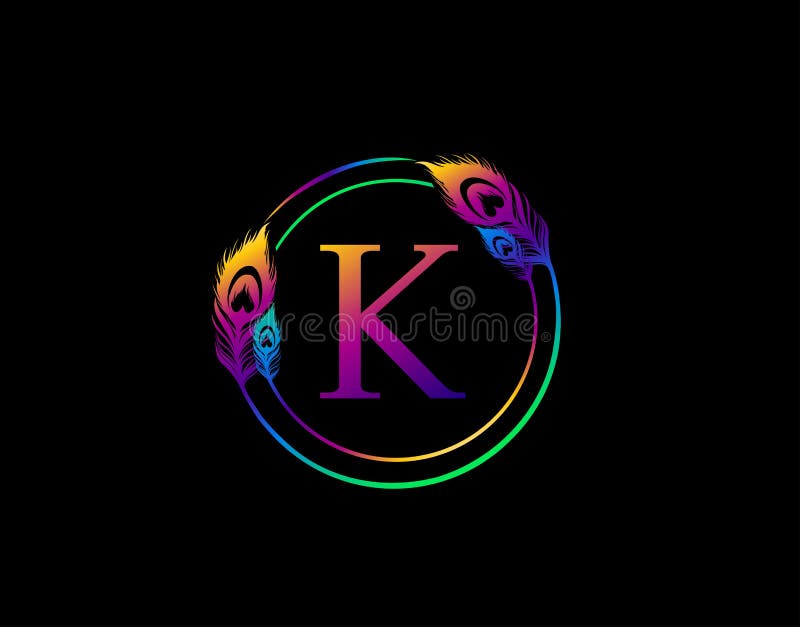 K Letter Decorated with Exotic Peacock Feather. Circle Badge with ...