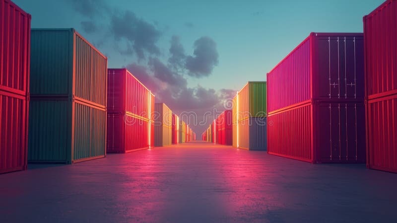 8K Minimalistic 3D Render of Container Terminal Lighting at Night Stock ...