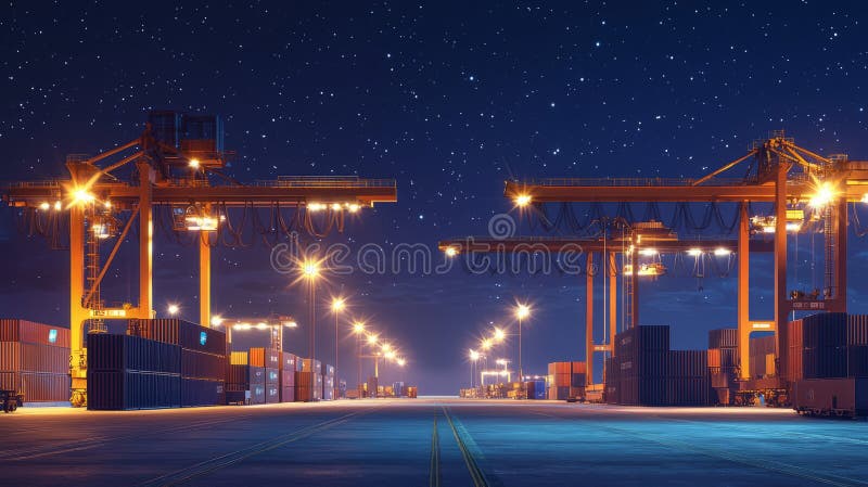 8K Minimalistic 3D Render of Container Terminal Lighting at Night Stock ...